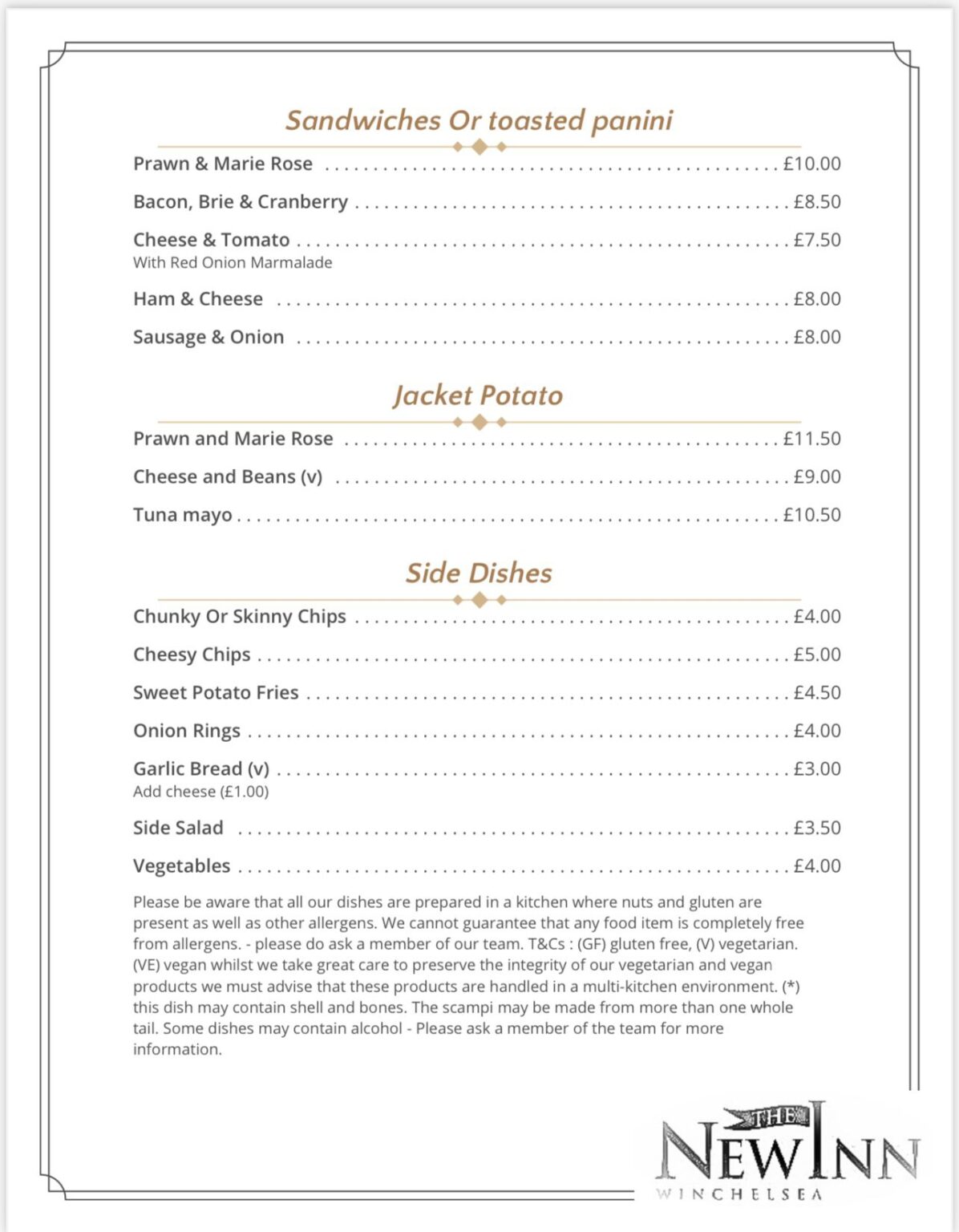 Menus - The New Inn at Winchelsea