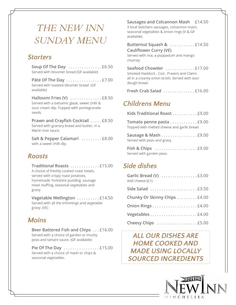 Menus - The New Inn at Winchelsea