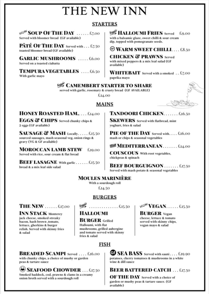 Menus - The New Inn at Winchelsea